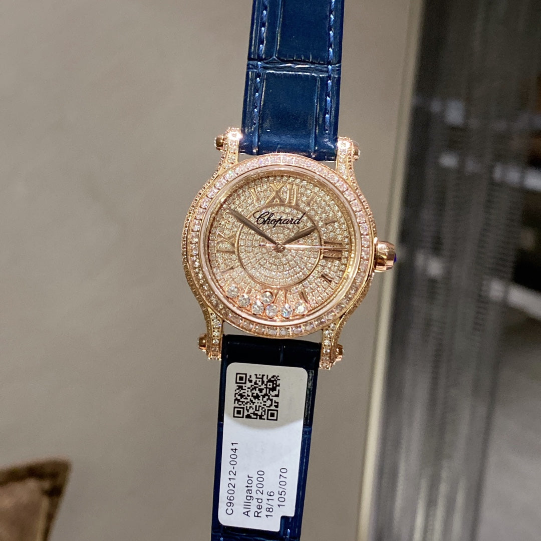 CHOPARD HAPPY SPORT FULL DIAMOND WATCH YELLOW GOLD BLUE LEATHER – Mila ...
